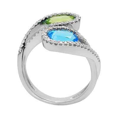 Blue Topaz Peridot and Diamond Unique Gemstone Ring in White Gold 14482